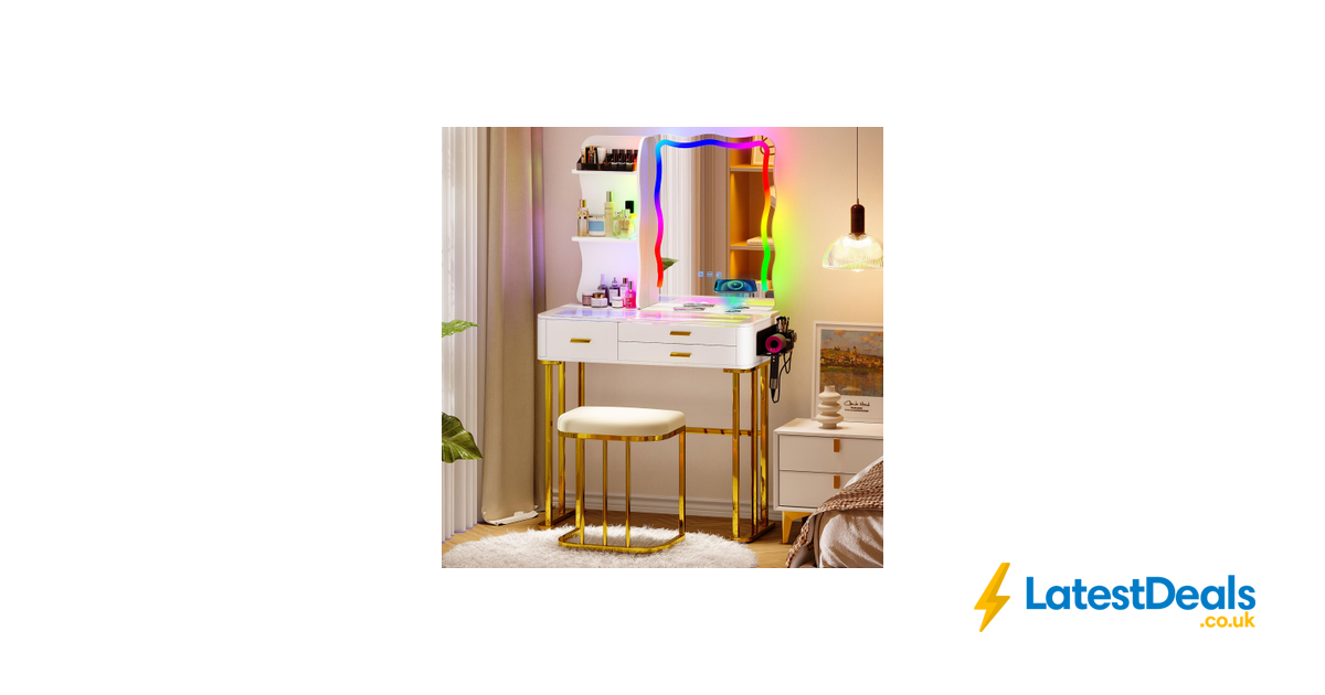 DEAL STACK - Yoofun LED Dressing Table Set with Mirror, Stool, Charging ...