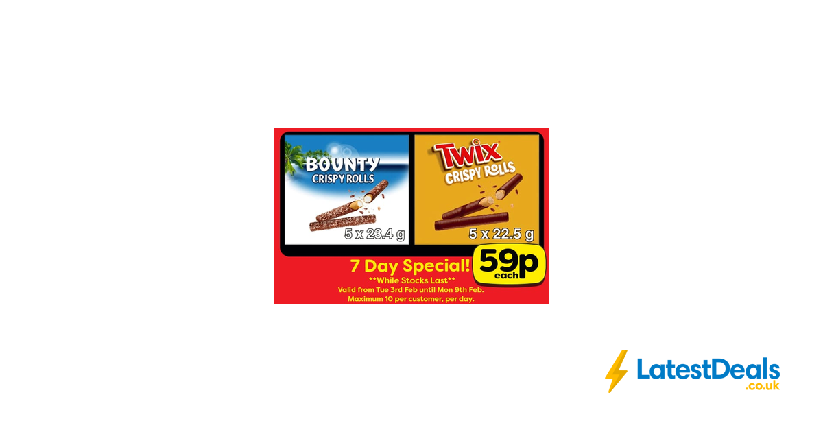 *INSTORE ONLY DEAL* Twix/ Bounty Crispy Rolls - 5 Pack, £0.59 at Farmfoods